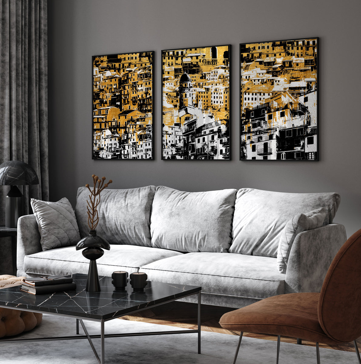 Modern Abstract Cityscape Wall Art Set of 3 Home Decor Painting ...
