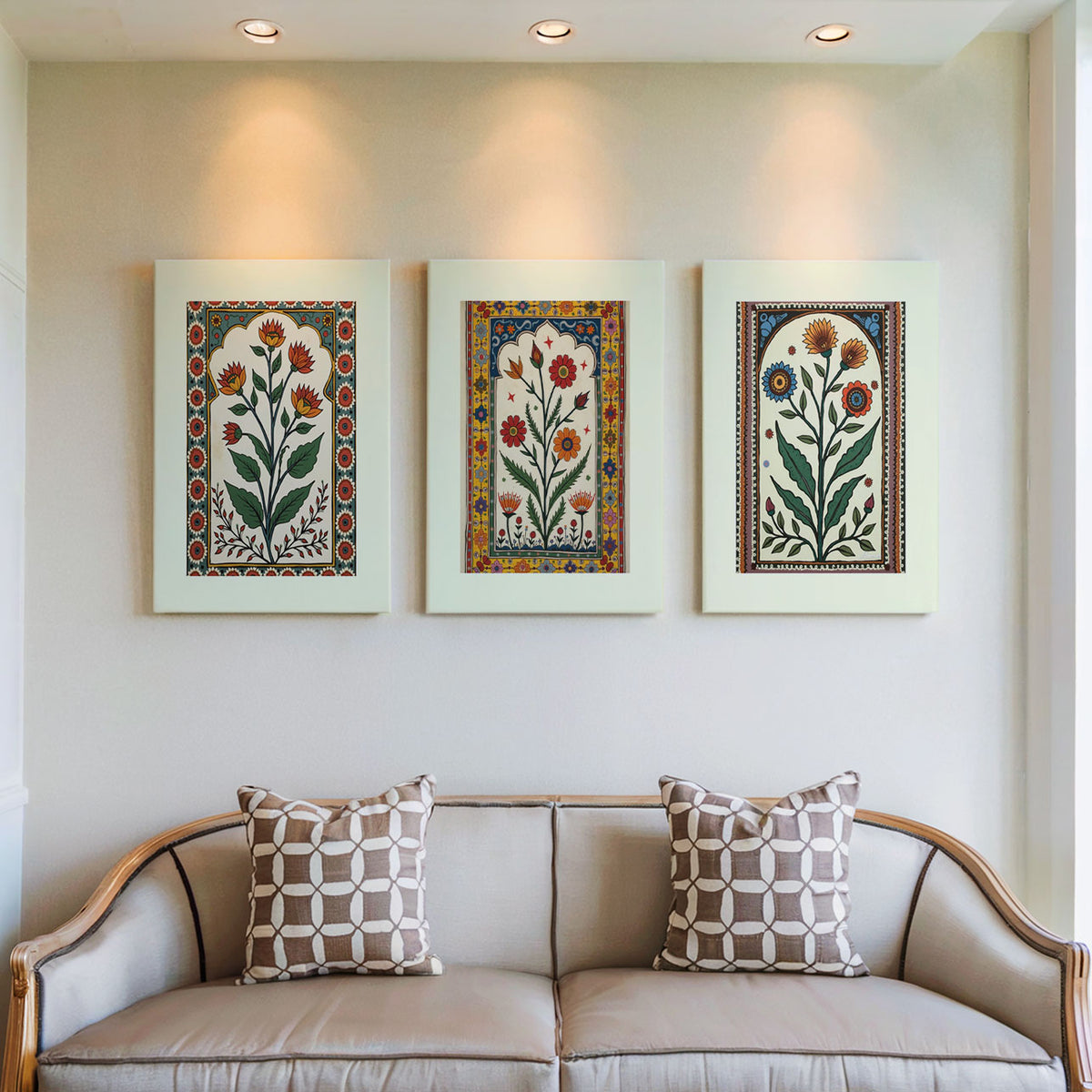 Set of 3 Mughal Motifs Madhubani Style Wall Art Paintings Framed Wall ...