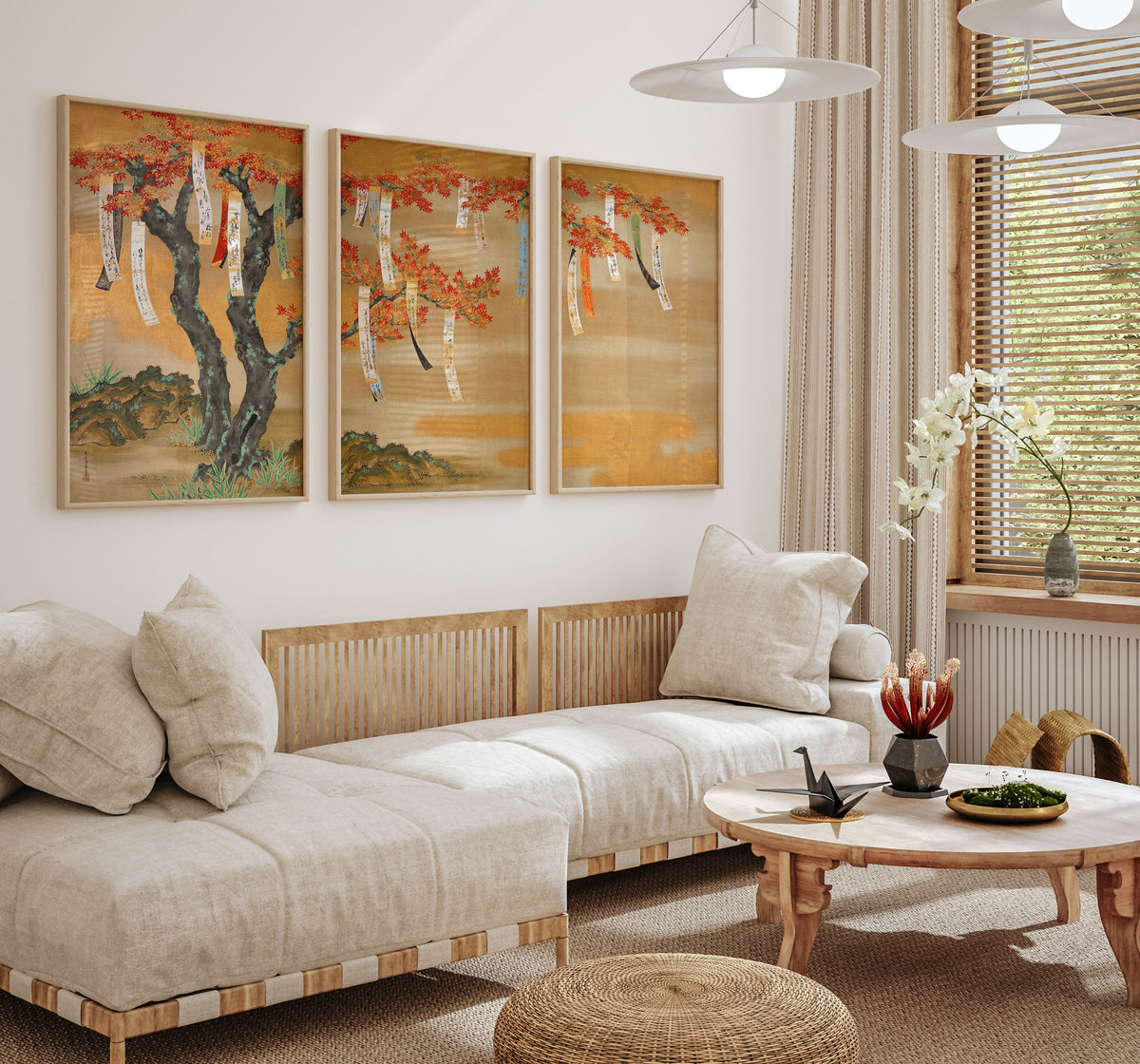 Buy Japanese autumn maples with poem slips Set of Three Paintings ...